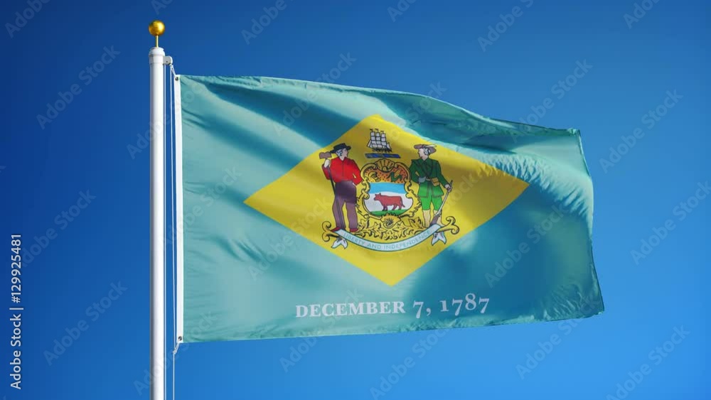 Delaware (U.S. state) flag waving in slow motion against blue sky ...