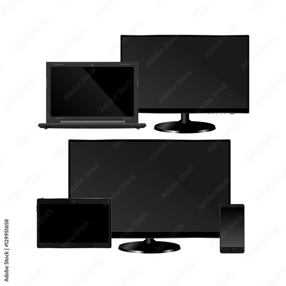 Set of realistic Flat-screen TV, computer monitors, laptops, tablets ...