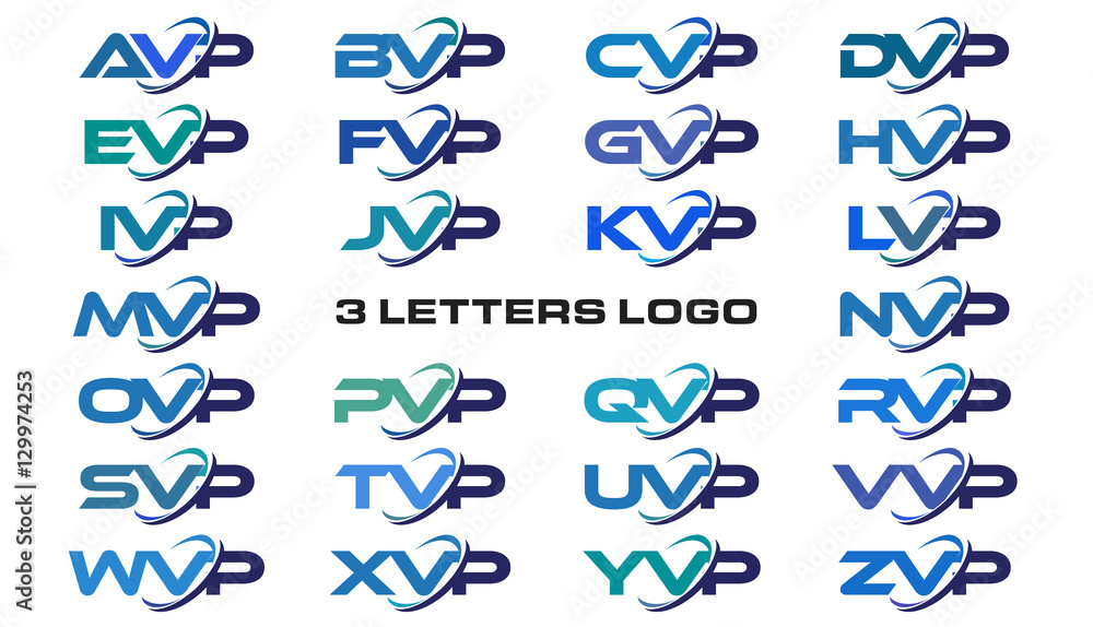3 letters modern generic swoosh logo AVP, BVP, CVP, DVP, EVP, FVP, GVP ...