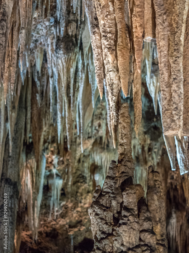 Stalactites and stalagmites background in Valporquero's caves (S Stock ...