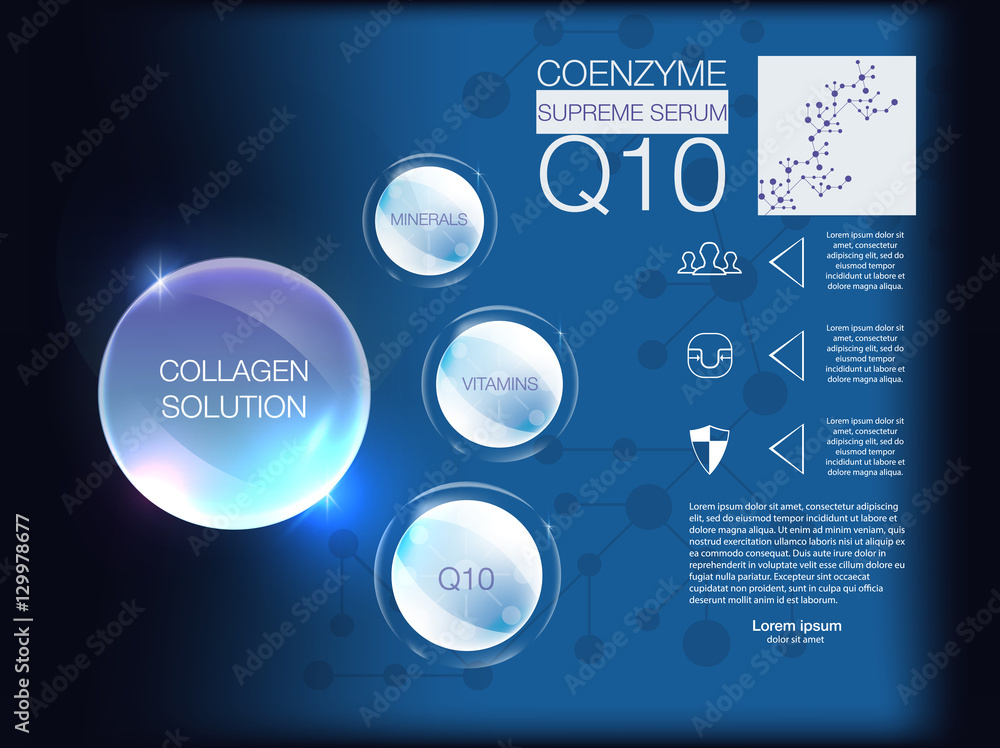 Coenzyme Q10. Serum or collagen, vitamin and background Vector ...