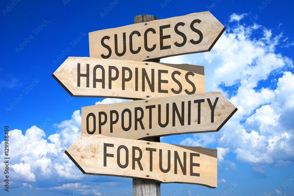 Wooden signpost with four arrows - success, happiness, opportunity ...