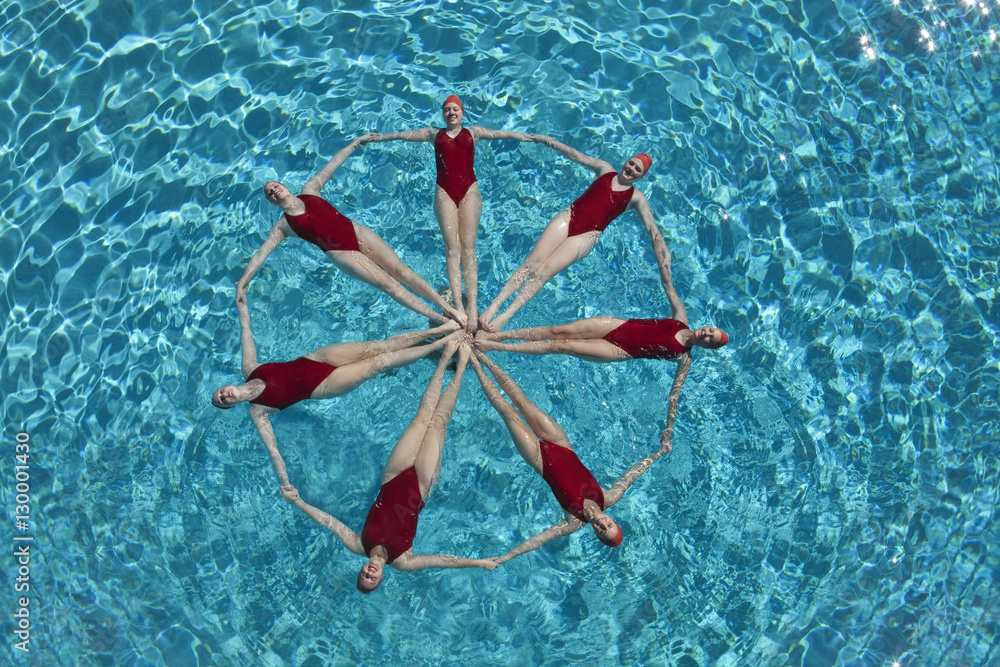 Elevated view of synchronised swimmers forming a circle in pool Stock ... Elevated view of synchronised swimmers forming a circle in pool Stock ...