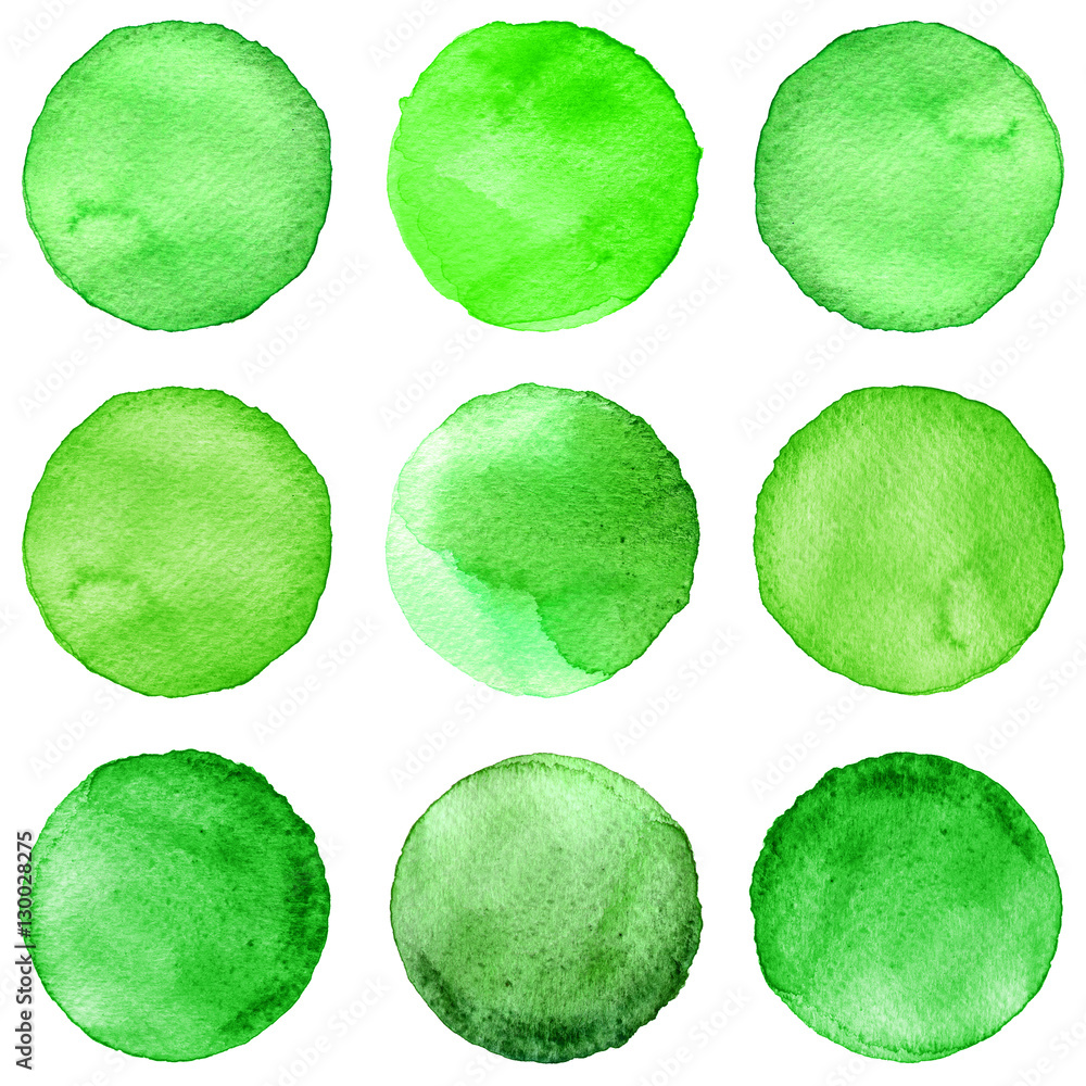Watercolor circles collection green colors. Stains set isolated on ...