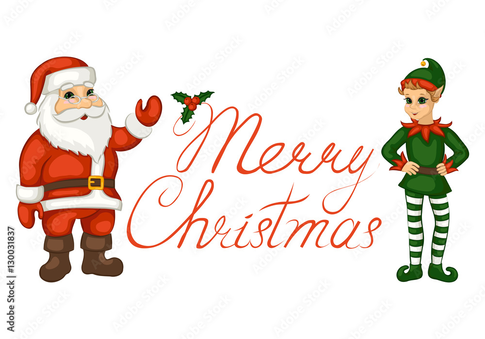 Cartoon cute Santa Claus and Christmas elf on white background. Merry ...