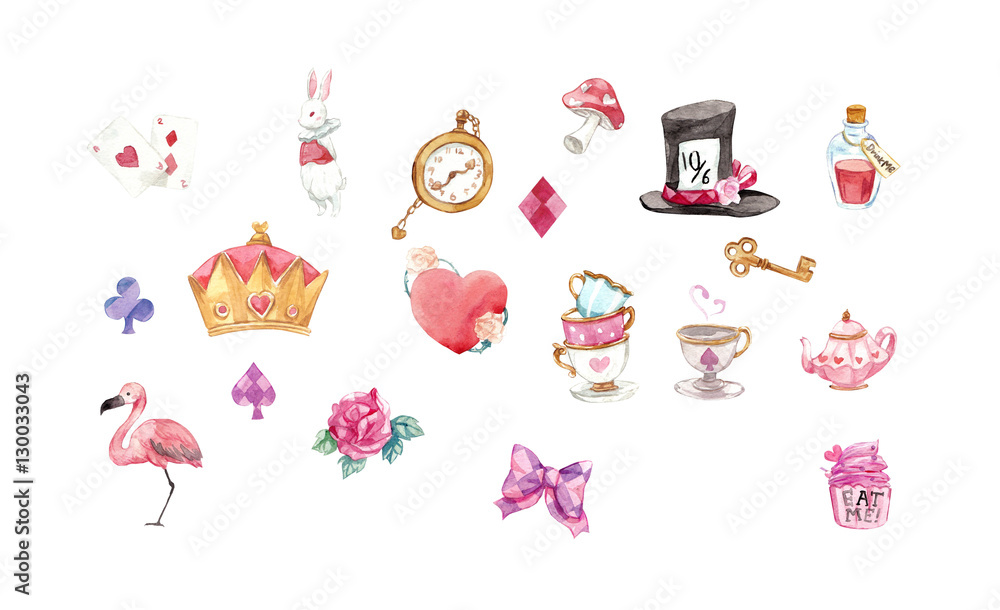 Alice in Wonderland graphic elements watercolor set with clpping Stock ...