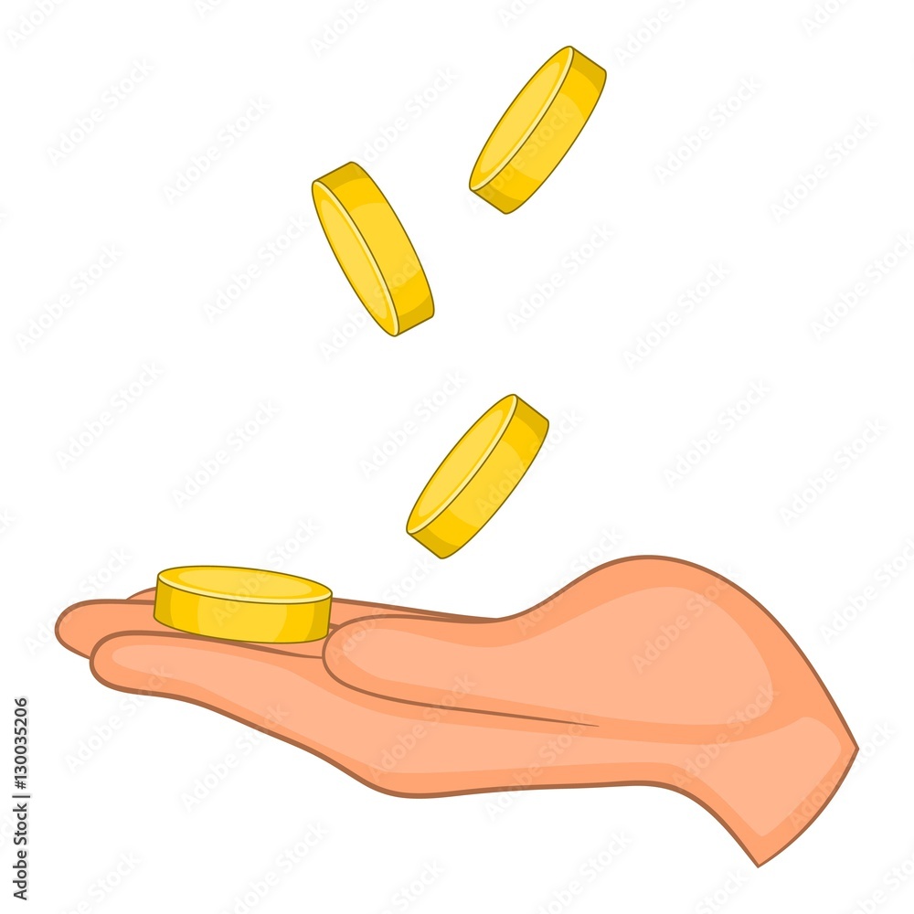 Coins on hand icon. Cartoon illustration of coins on hand vector icon ...