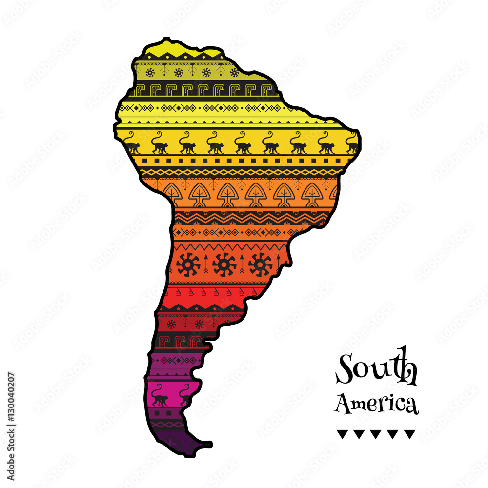 Textured vector map of South America. Hand-drawn ethno pattern, tribal ...