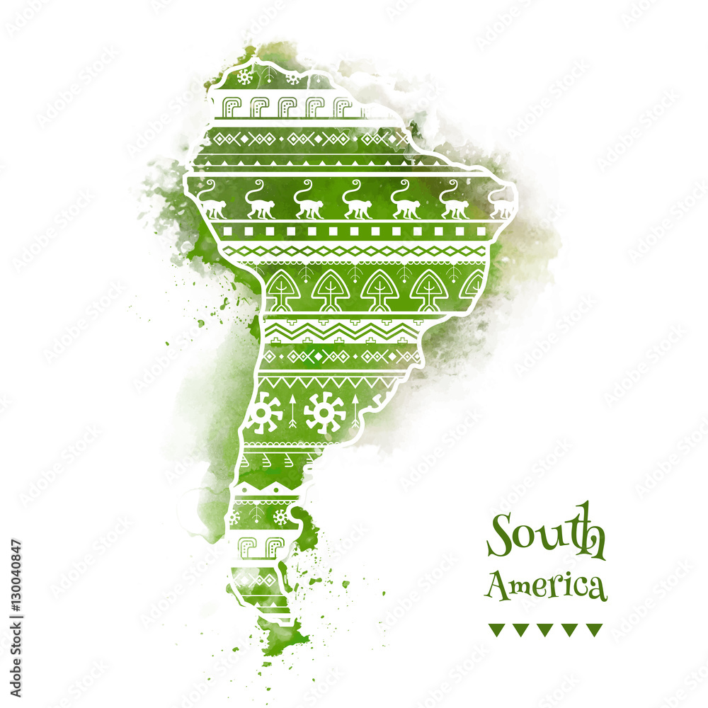 Textured vector map of South America. Hand-drawn ethno pattern, tribal ...