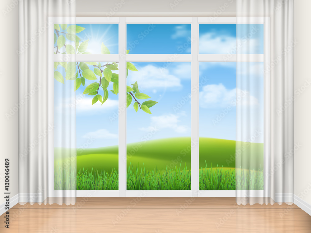 Empty room with big window and rural landscape view. Sunny summer day ...