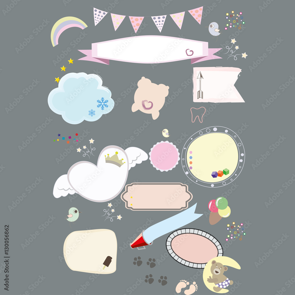 Hand drawn cute frames set. Cartoon style. Elements in pastel colors. Colorful decorative frames ...