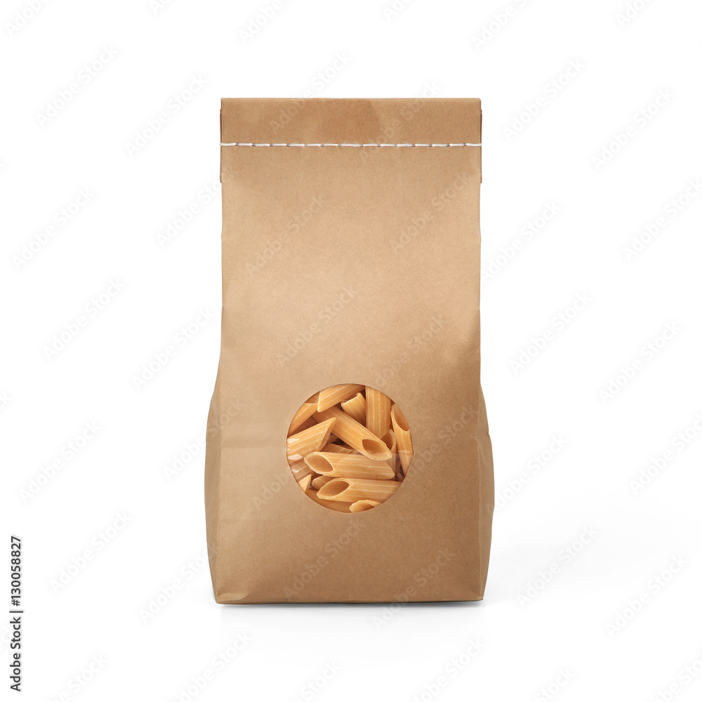 Brown craft paper pasta bag packaging template with stitch sewing ...