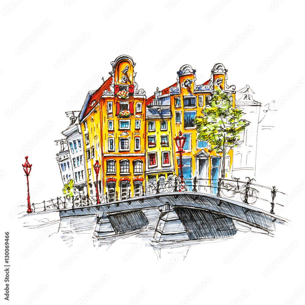 Color hand drawing, city view of Amsterdam typical houses and bridge ...