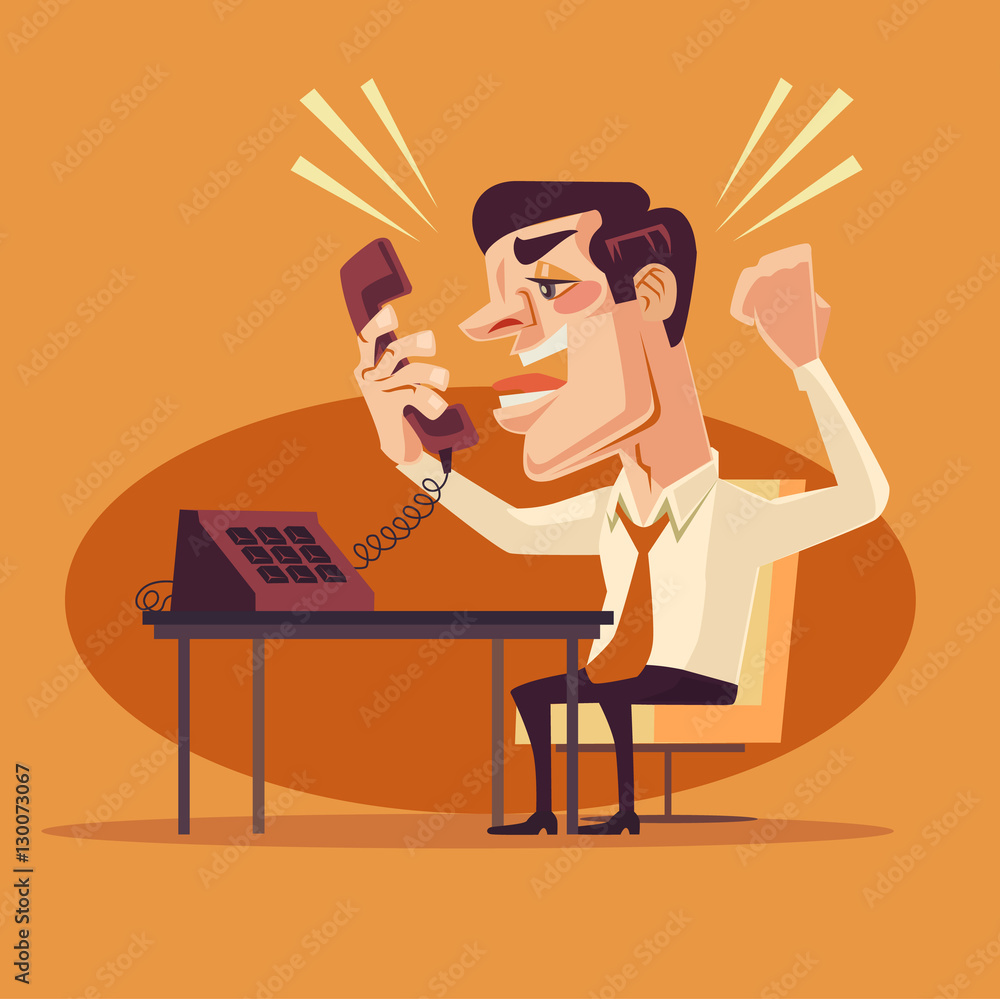 Angry office worker character shouting on phone. Vector flat cartoon ...