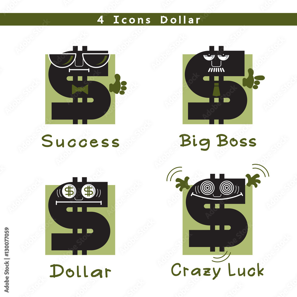 Dollar sign, vector icon set. 4 funny cartoon characters. Simple black ...