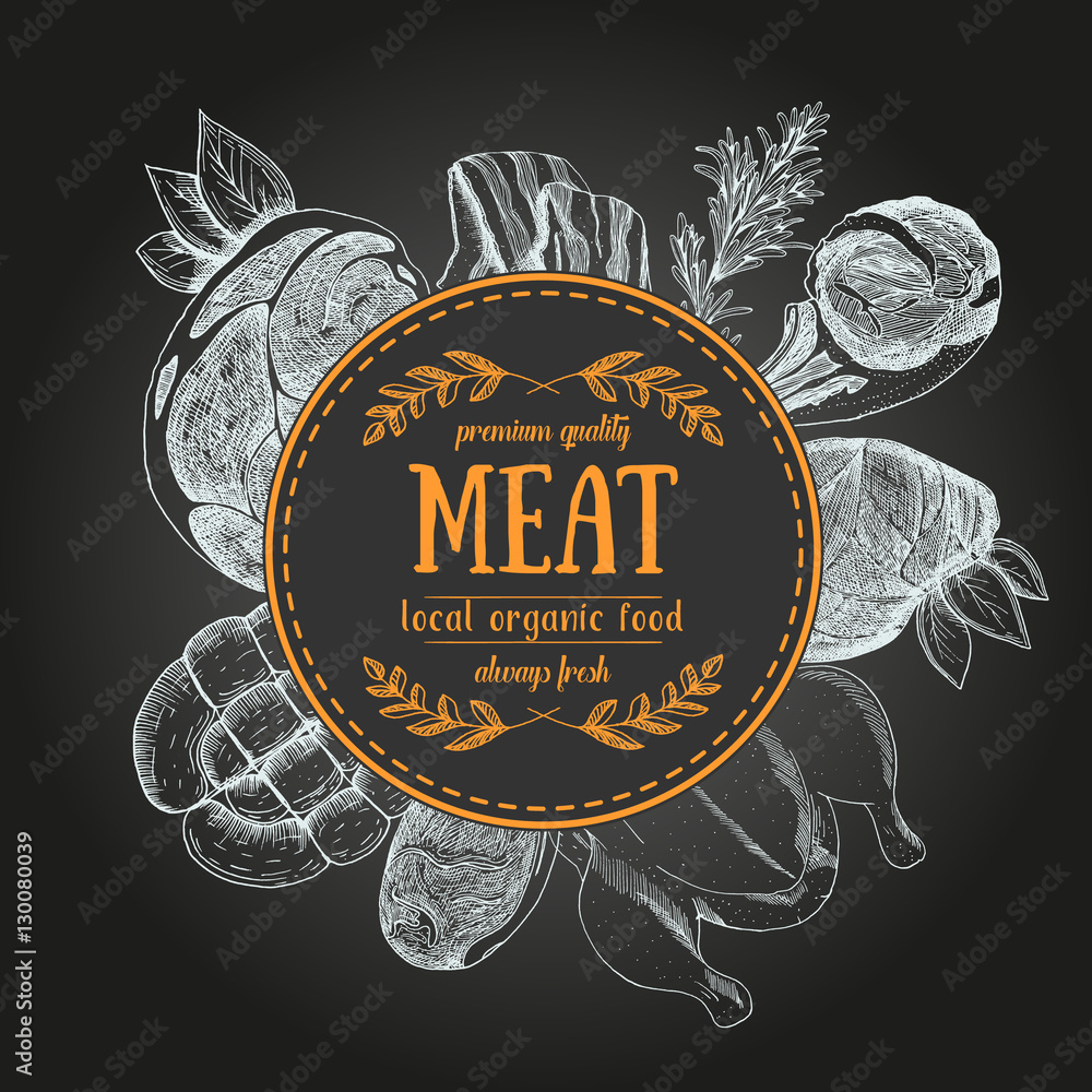 Design template for meat market. Menu label with meat meal. Hand-drawn ...