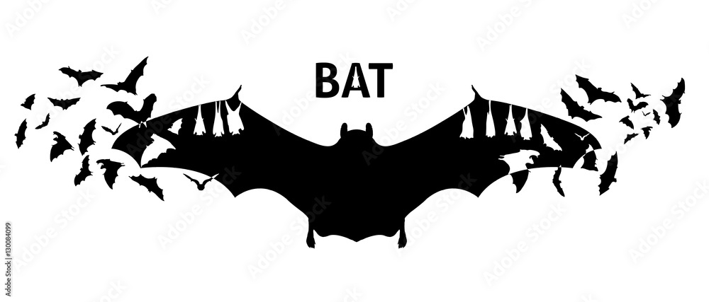 Isolated Flying bat silhouettes with double exposure effect and the ...