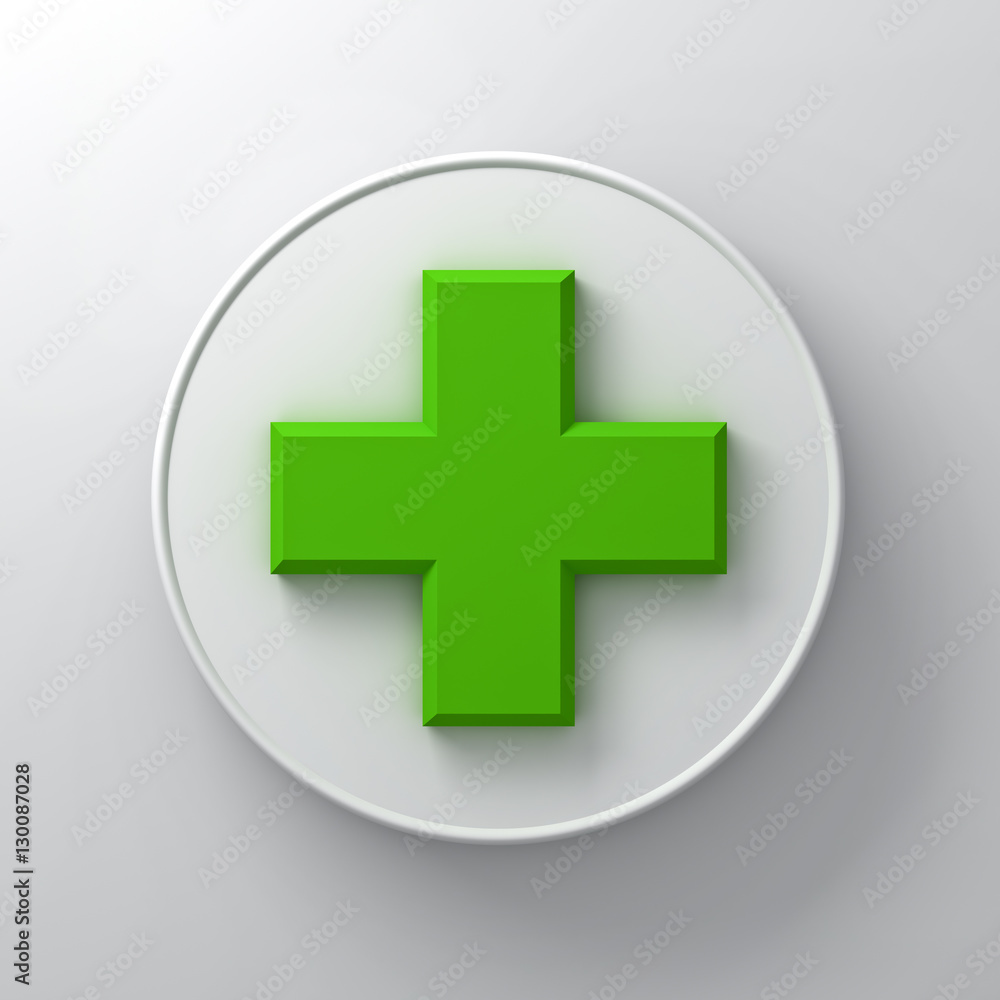 Green plus sign abstract on round signboard over white wall background ...