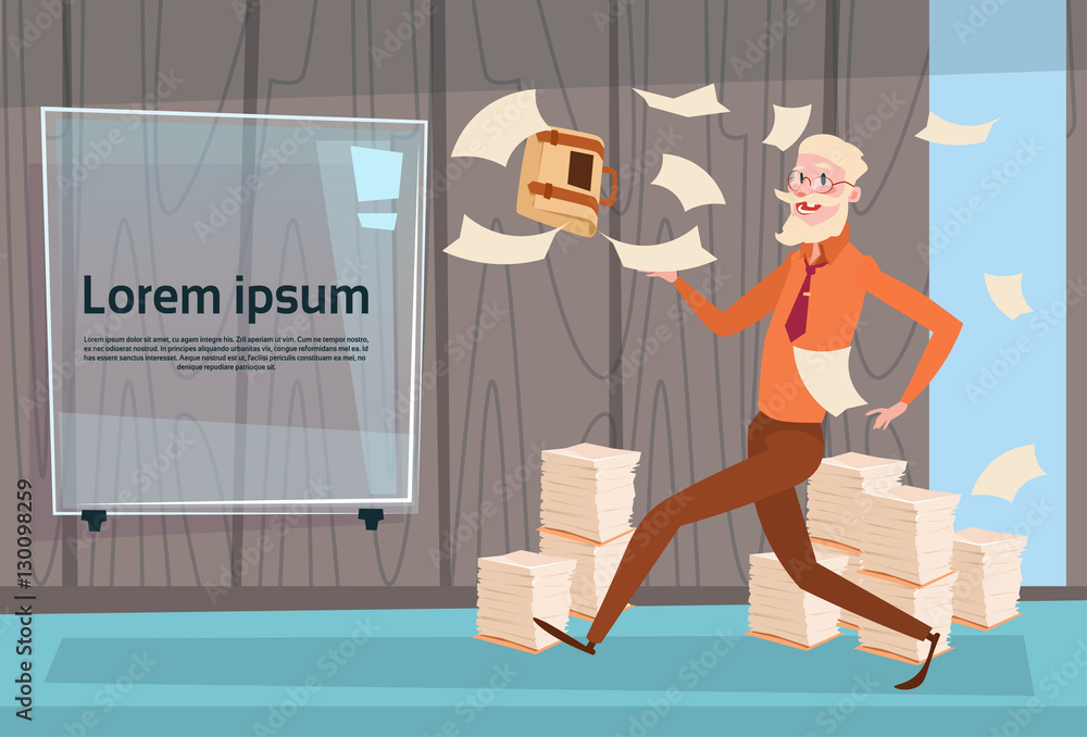 Senior Busy Business Man Run Throwing Paper Documents Paperwork Flat ...