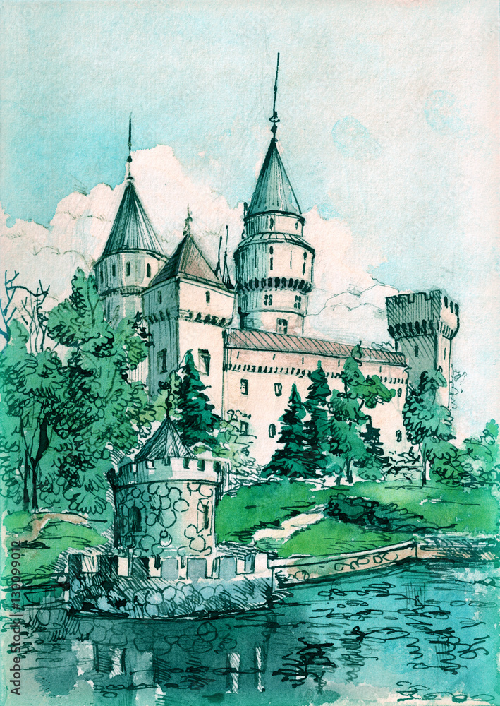 Watercolor painting of Bojnice Castle. Ancient wall and towers on a ...