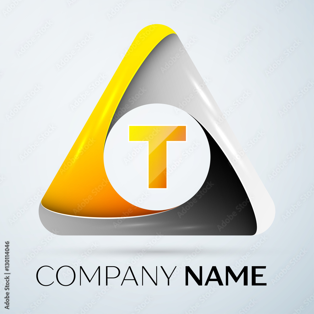 Letter T vector logo symbol in the colorful triangle on grey background ...