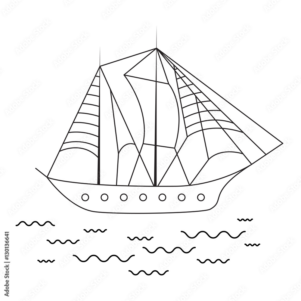 Sailing ship vector illustration. Boat and waves outline doodle style ...