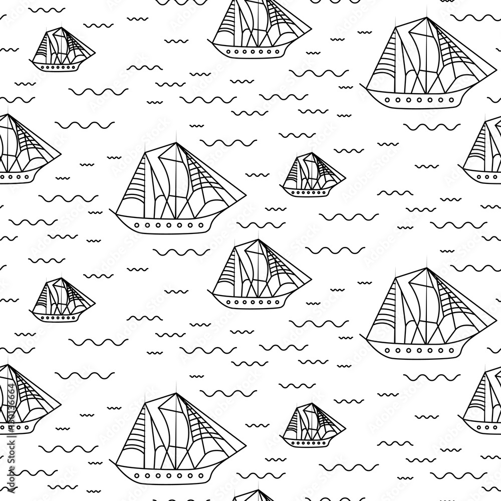 Sailing ship seamless outline vector pattern in doodle style. Boat and waves fine lines textile ...