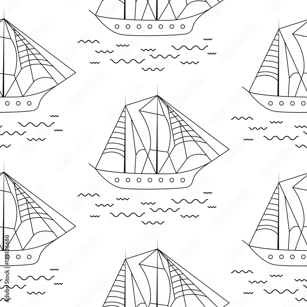 Sailing boat seamless outline vector pattern in doodle style. Boat and ...