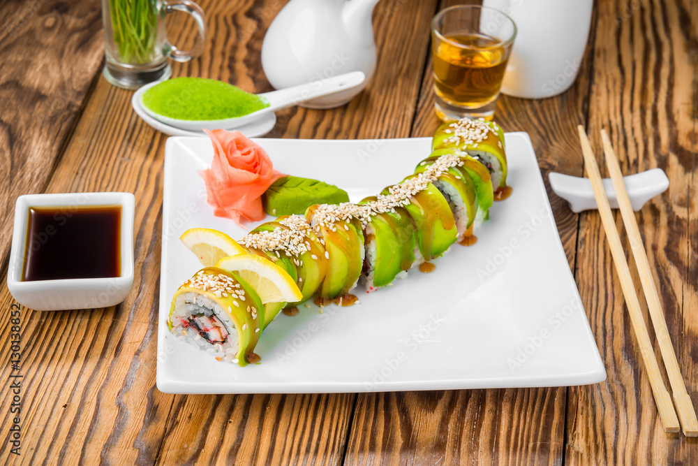 sushi and rolls with fresh fish, Japanese cuisine with fresh seafood ...