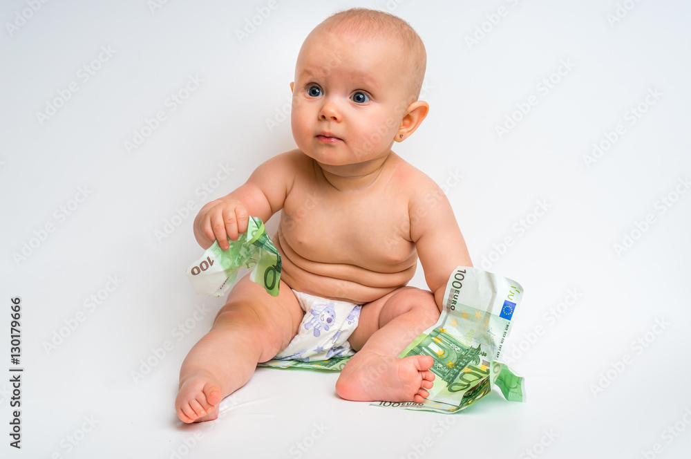 Adorable baby with euro bills money - isolated on white Stock Photo ...