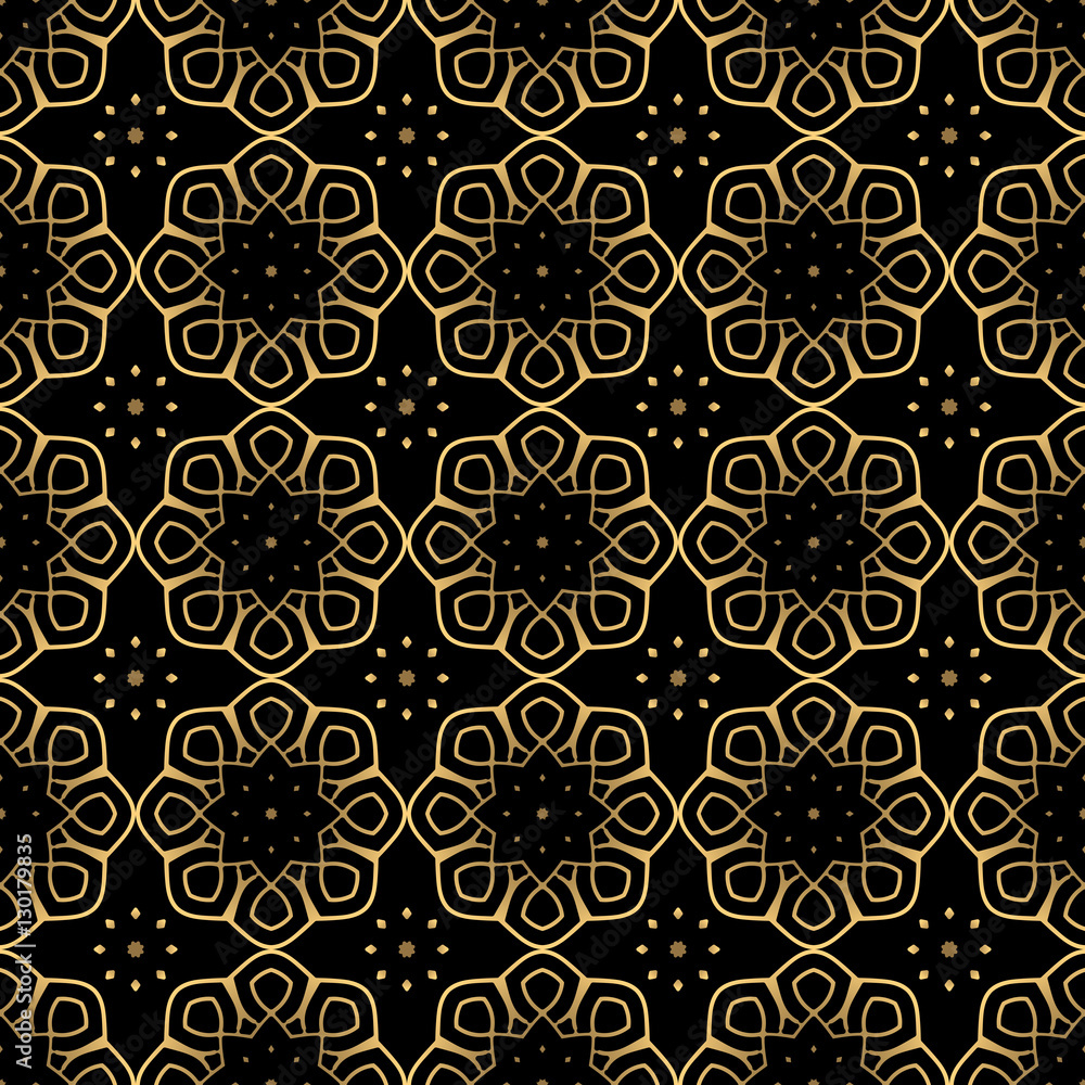 Seamless pattern of gold arabesques on a black background. Rosette ...