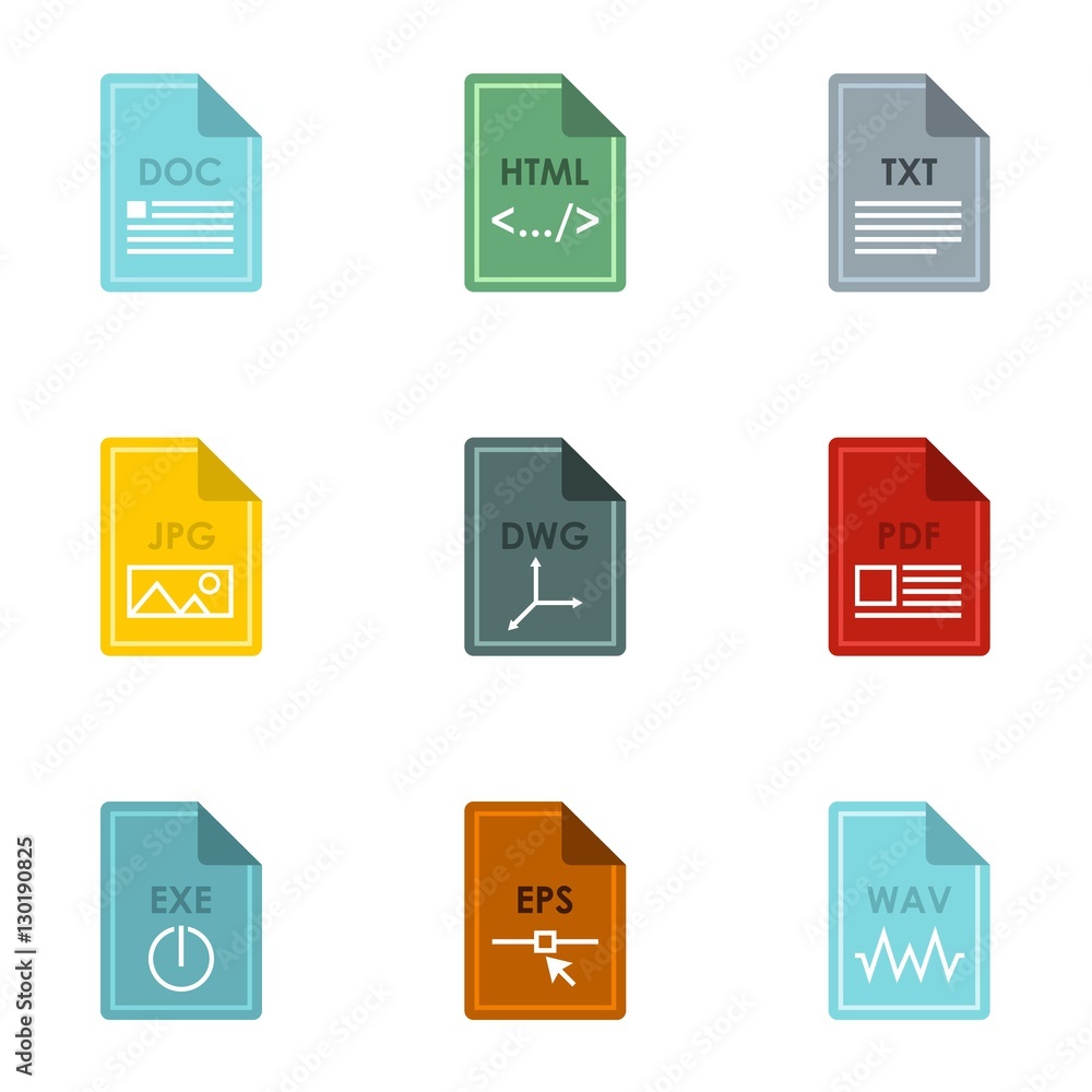 Document types icons set. Flat illustration of 9 document types vector ...