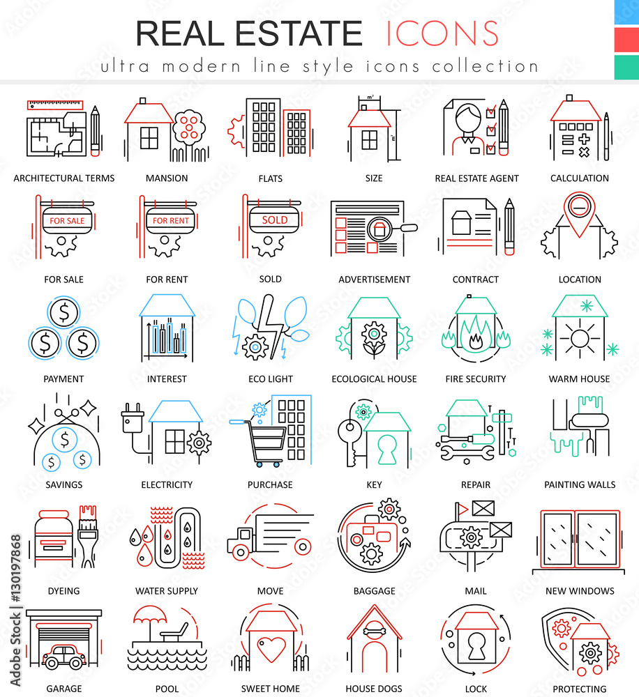 Vector Real estates color line outline icons for apps and web design ...