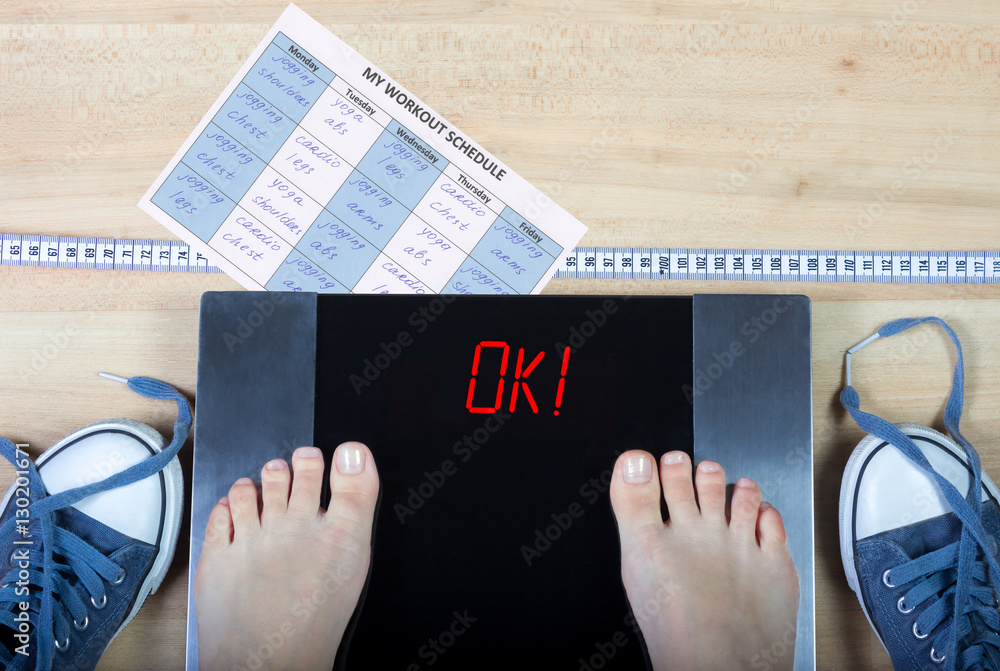 Digital scales with female feet on them and sign"ok!" surrounded by ...