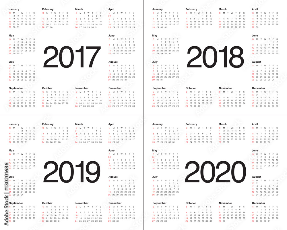 Simple Calendar template for 2017 to 2020 Stock Vector | Adobe Stock