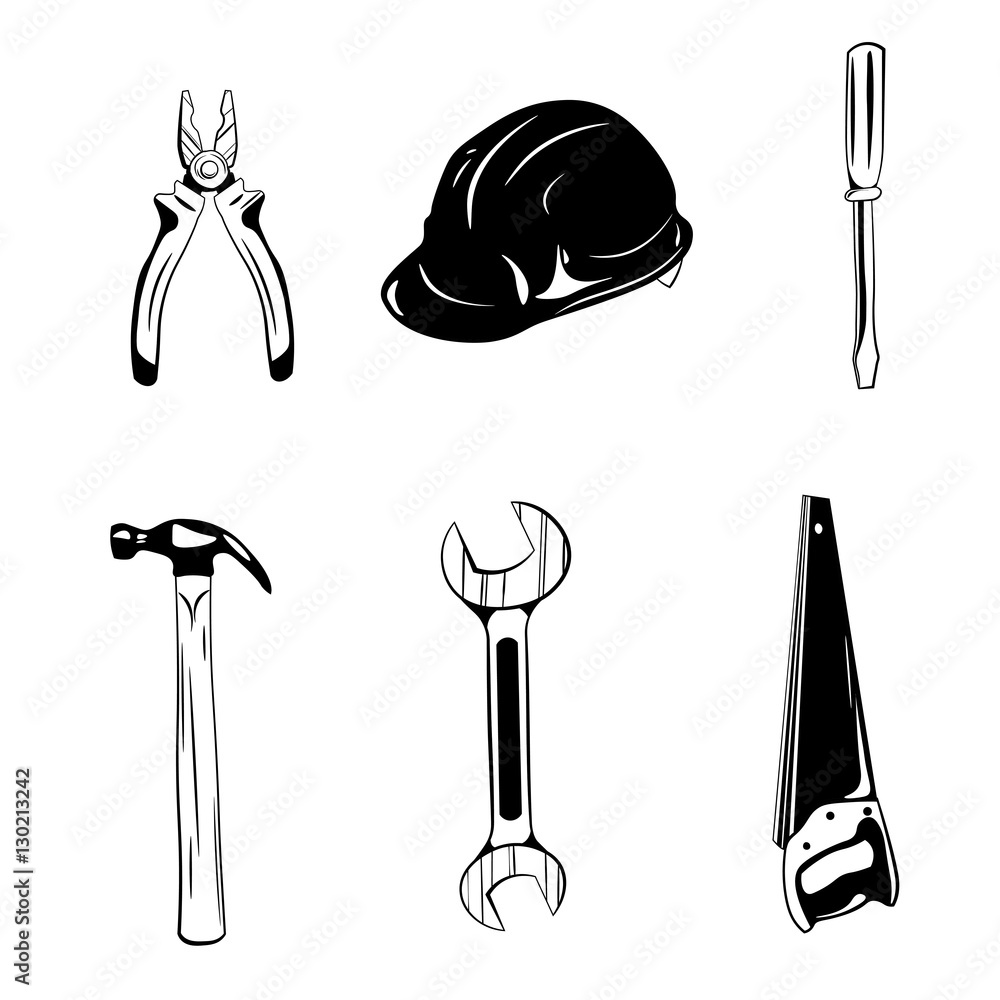 Worker tools set. Pliers, helmet, screwdriver, hammer, wrench, saw ...