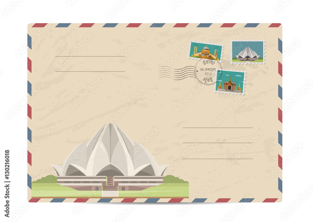 Lotus Temple in Delhi, India. Postal envelope with famous architectural ...