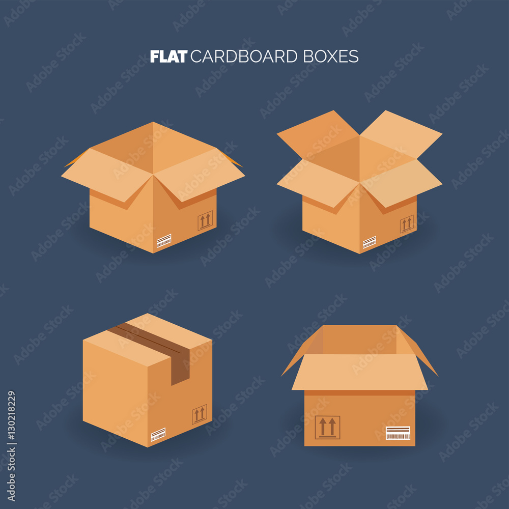 Vector set. Flat carton box. Delivery and packaging. Transportation ...