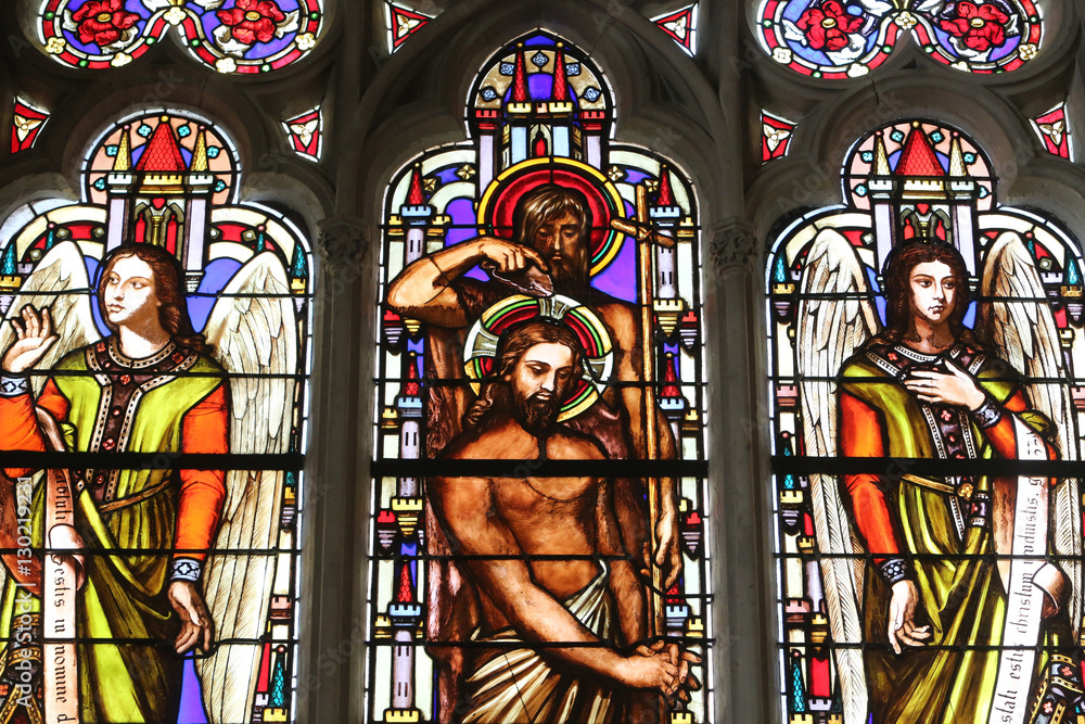 Stained glass window depicting the Baptism of Jesus by John the Baptist ...