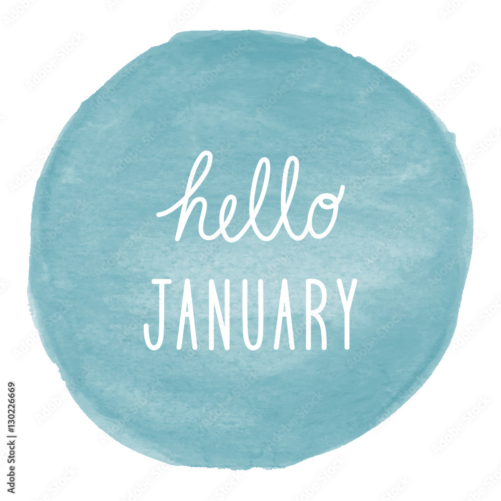 Hello January greeting on blue watercolor background Stock Illustration ...