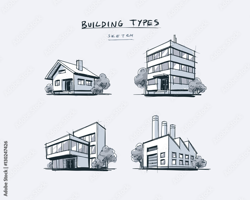 Set of Four Buildings Types Hand Drawn Cartoon Illustration Stock ...