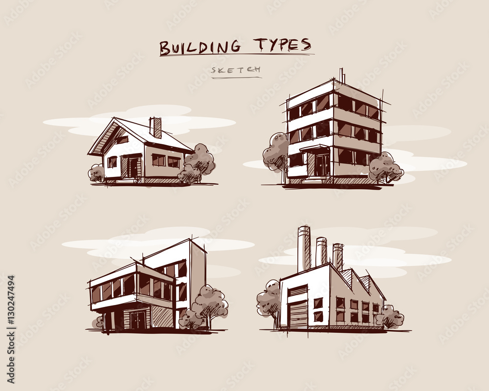 Set of Four Buildings Types Hand Drawn Cartoon Illustration Stock ...