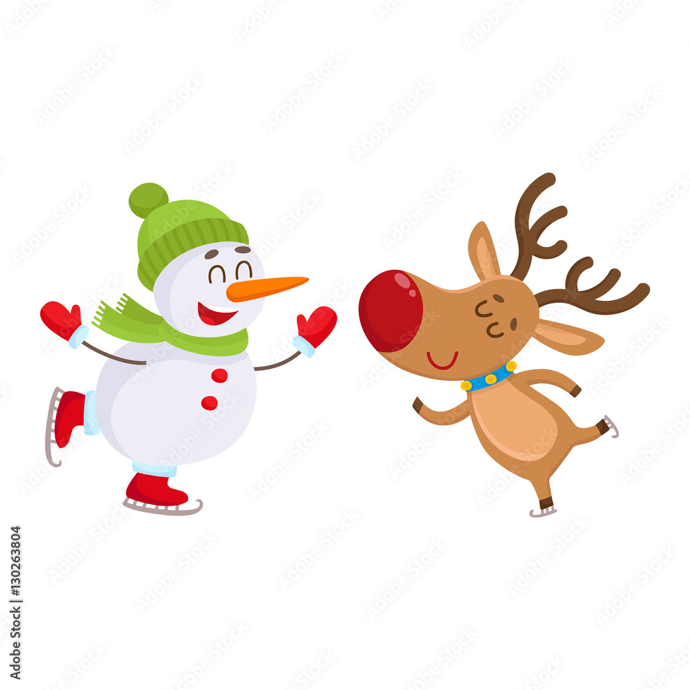 funny reindeer and snowman skating on ice, cartoon vector illustration ...