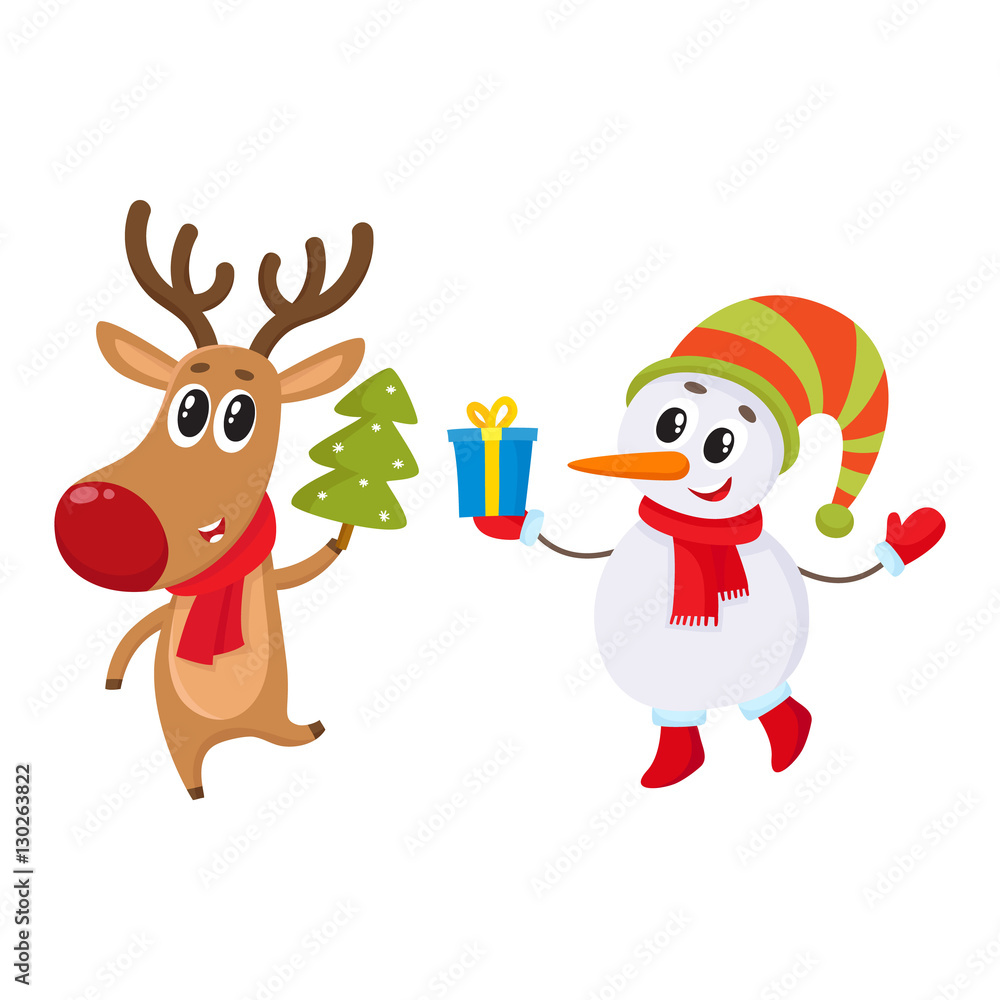 funny reindeer holding a Christmas tree and a snowman holding a gift ...