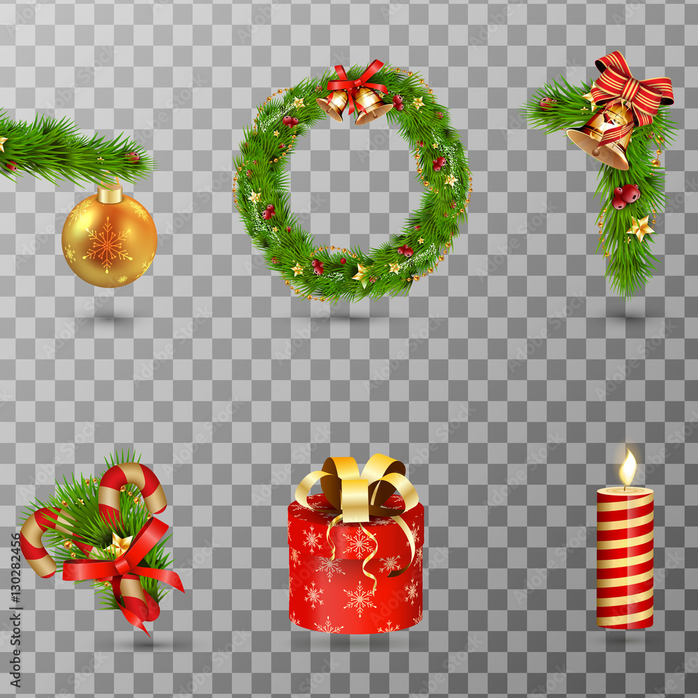 Christmas holiday decorative elements set isolated on transparent ...