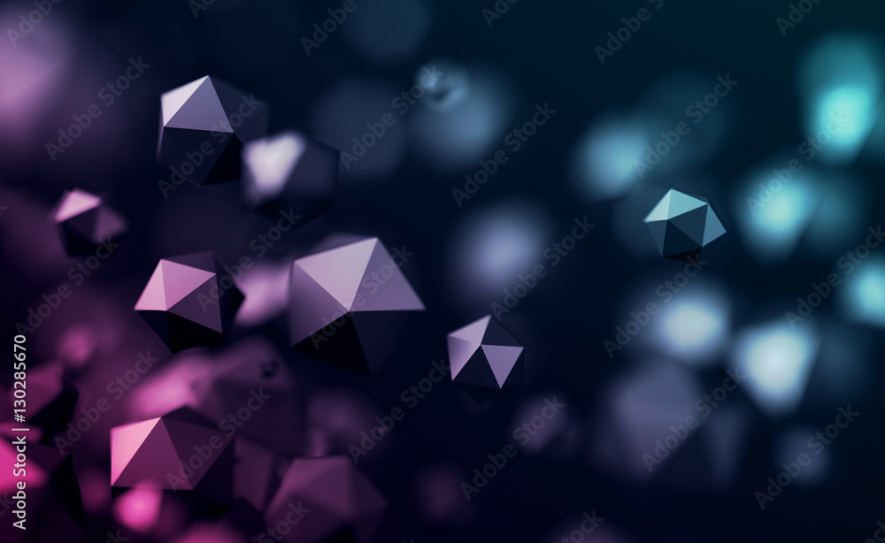 Abstract 3d rendering of chaotic low poly particles. Flying polygonal ...
