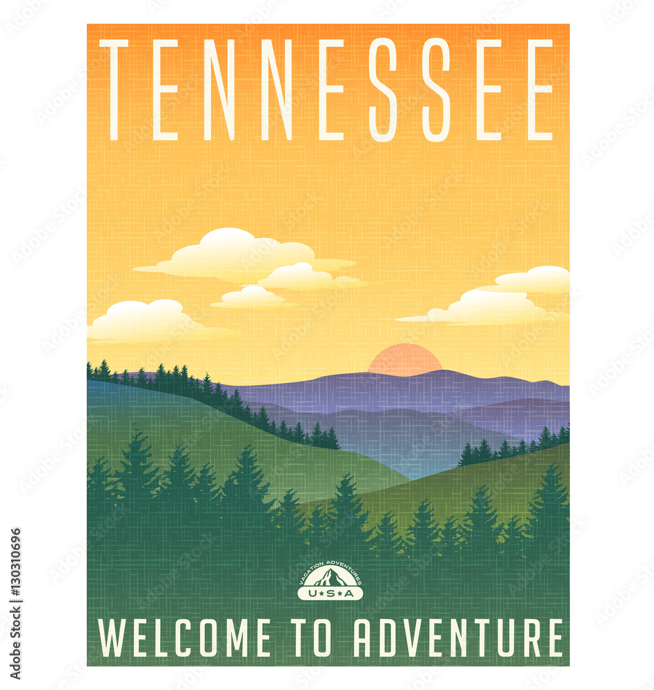 Tennessee, United States travel poster or luggage sticker. Scenic ...