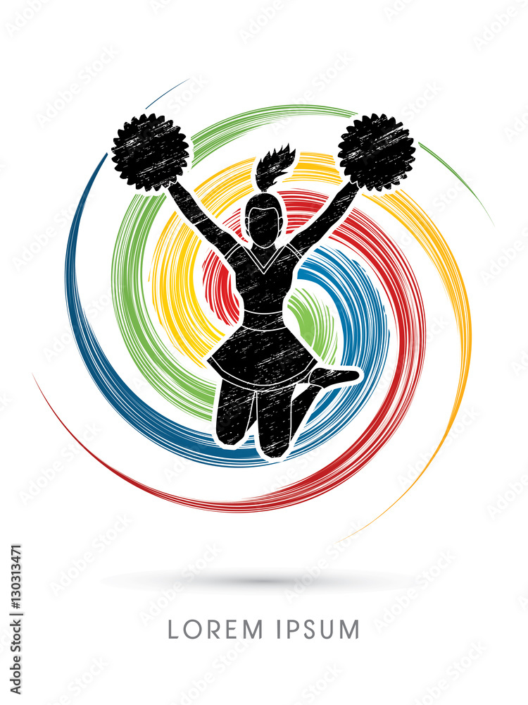 Cheerleader jumping designed using grunge brush on spin circle ...