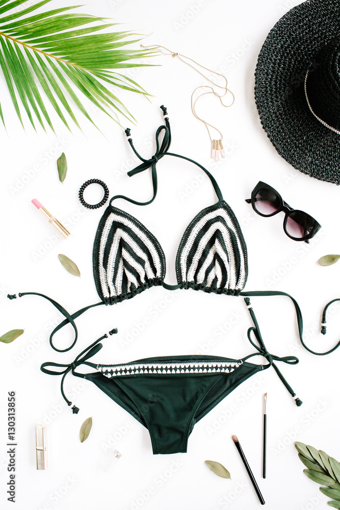 female summer bikini swimsuit accessories collage on white with hat ...