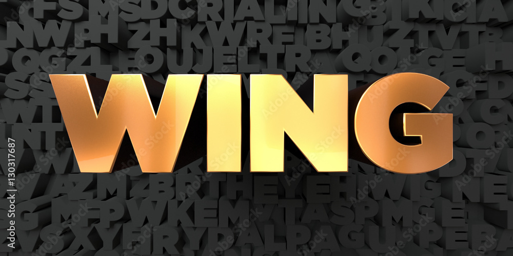 Wing - Gold text on black background - 3D rendered royalty free stock ...